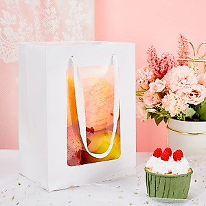 BENECREAT 10 Packs White Kraft Paper Bag with Clear Window 8x6x4 Gift Bags with Handle for Wedding Favor, Proposal Candy Gift Packing