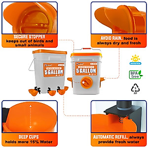 PAMAZY 5-Gallon/44 Pounds Automatic Chicken Feeder &Waterer Set2 Buckets),Chicken PortWater Cup NoWaste,Rain Proof Poultry Feeder,Avoid Small Animals. Suitable for Chicken,Duck,Turkey,Grey,OrangeCKF)