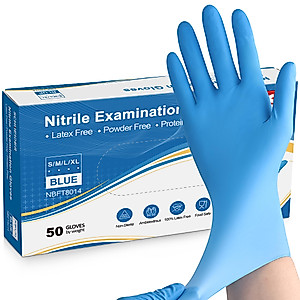 Schneider Nitrile Exam Gloves, 5 mil, Large, Box of 50, Heavy Duty Disposable Gloves, Textured, Latex Free, Food Safe, Industrial Gloves for Medical, Cleaning, Cooking, Blue