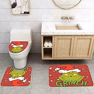 Oylyoyea Christmas Bathroom Shower Curtain Set, Christmas Shower Curtain 4-Piece Set with Non-Slip Rug, Toilet Seat Cover and Bath Mat, Holiday Home Decor (Style 1) (Red)