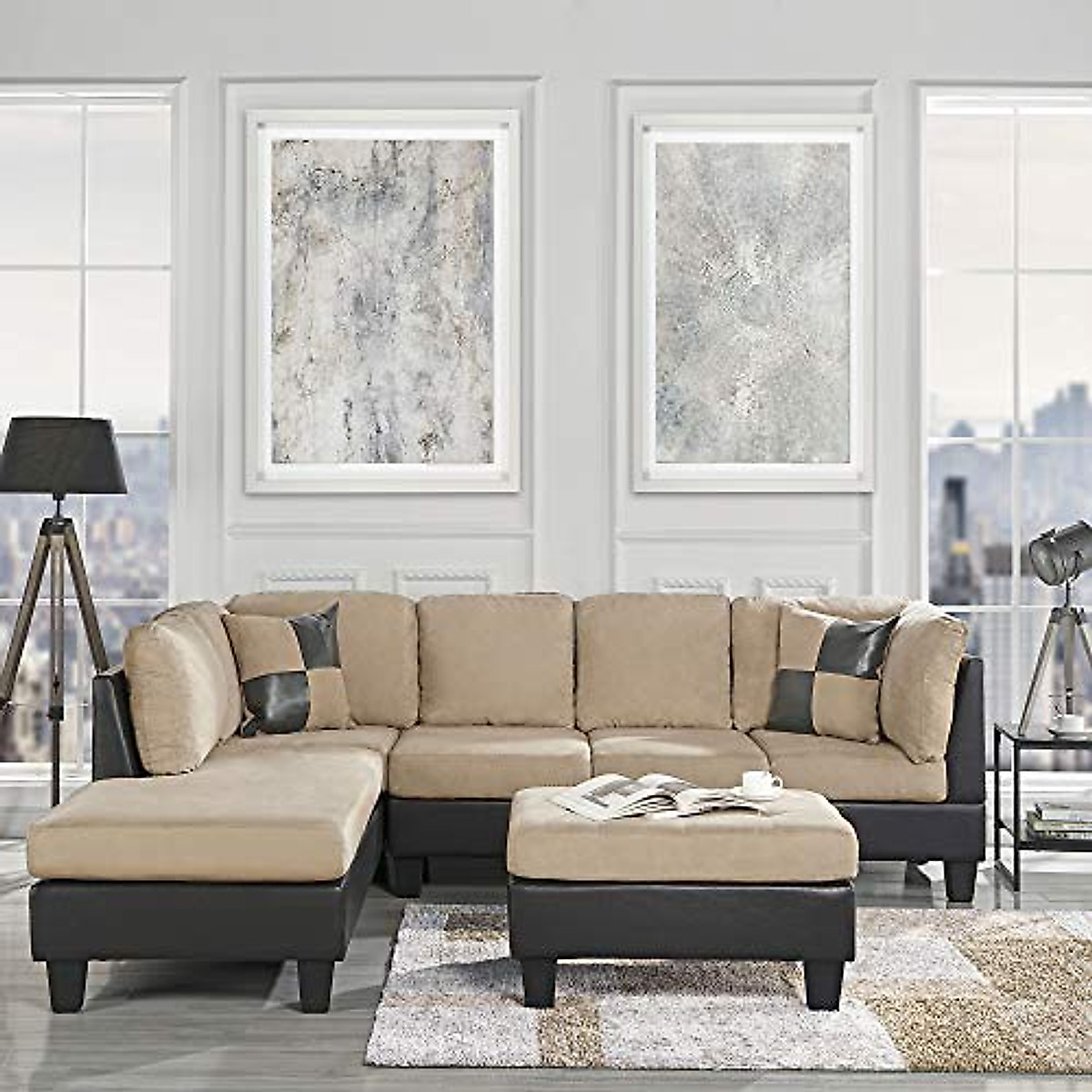Casa AndreaMilano 3 Piece Microfiber and Faux Leather Sofa and Ottoman Set, 102" W, Large, Camel