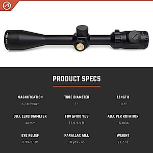 Athlon Optics , Neos , Riflescope , 6-18 x 44 Second Focal Plane (SFP) 1" Tube, Illuminated BDC 500 Reticle , Black