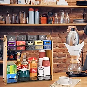 ITHSKUILL Tea Bag Organizer, Large Capacity Tea Organizer for Tea Bags, Bamboo Multi-functional Storage Coffee Bar Accessories for Home Office Kitchen Counter Cabinet Pantry Organizer