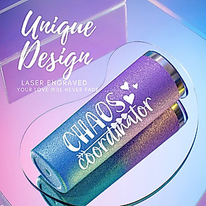 Onebttl Boss Lady Gifts for Women, Chaos Coordinator Tumbler for Boss, Secretary, Manager, Coworkers, Stainless Steel Skinny Tumbler 20oz with Lid and Straw, Glitter Blue & Purple