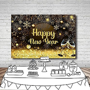 Mehofond 7x5ft Happy New Year Black and Gold Backdrop Countdown 2024 New Year Eve Snowflake Gold Gliter Background Champagne Party Banner Decoration Supplies Photo Booth Props