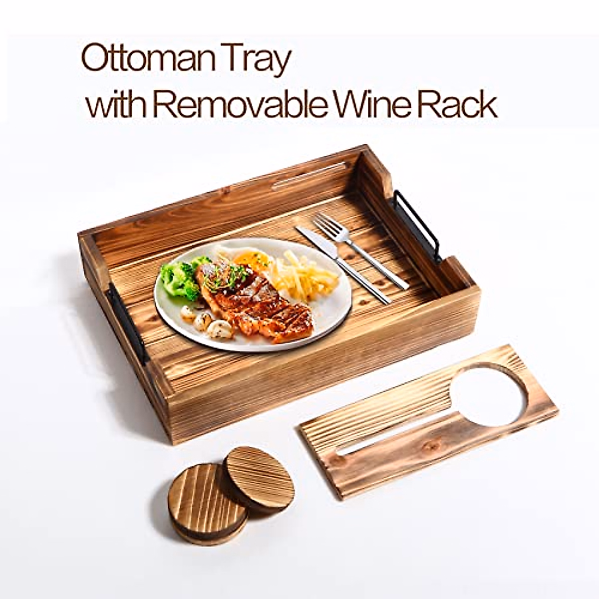 Wood Ottoman Serving Tray with Handles & Cup Holder Wooden Wine Serving Tray with Removable Glass Holder Antique Breakfast Serving Trays in Bed Coffee Table