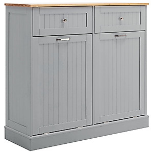 Double Trash Cabinet Tilt Out 20 Gallon, Pet Proof Kitchen Trash Cabinet Laundry Hamper with Cutting Board, Wood Garbage Recycling Station Hideaway Trash Holder Drawers (Grey)