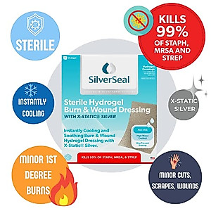 SilverSeal Burn and Wound Dressing, Hydrogel Pads with X-Static Silver, Soothing, Moist & Protective for Burns, Cuts & Wounds, 2" x 3" Sterile Dressings, 6 Count