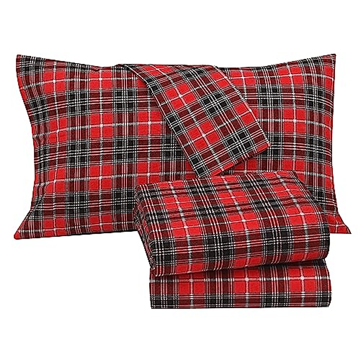 RUVANTI Flannel Sheets Queen Size - 100% Cotton Brushed Flannel Bed Sheet Sets - Deep Pockets 16 Inches (fits up to 18") - All Seasons Breathable & Super Soft - Warm & Cozy - 4 Pcs - Red Plaid