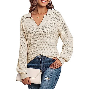 ZAFUL Women's Lapel Collar Sweater V Neck Lantern Sleeve Hollow Out Knit Polo Pullover Sweater Jumper (1-Apricot, L)