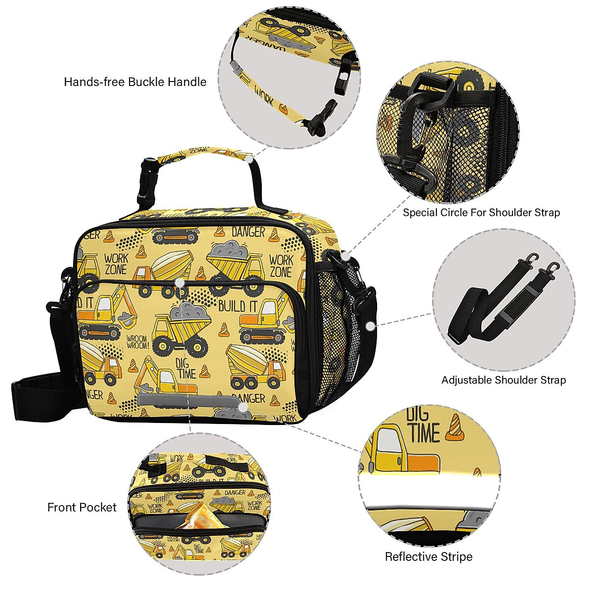 BOENLE Truck Lunch Box Boys Yellow Excavator Insulated Lunch Bag Kids Reusable Cooler Tote Shoulder Strap for School Picnic Travel Office