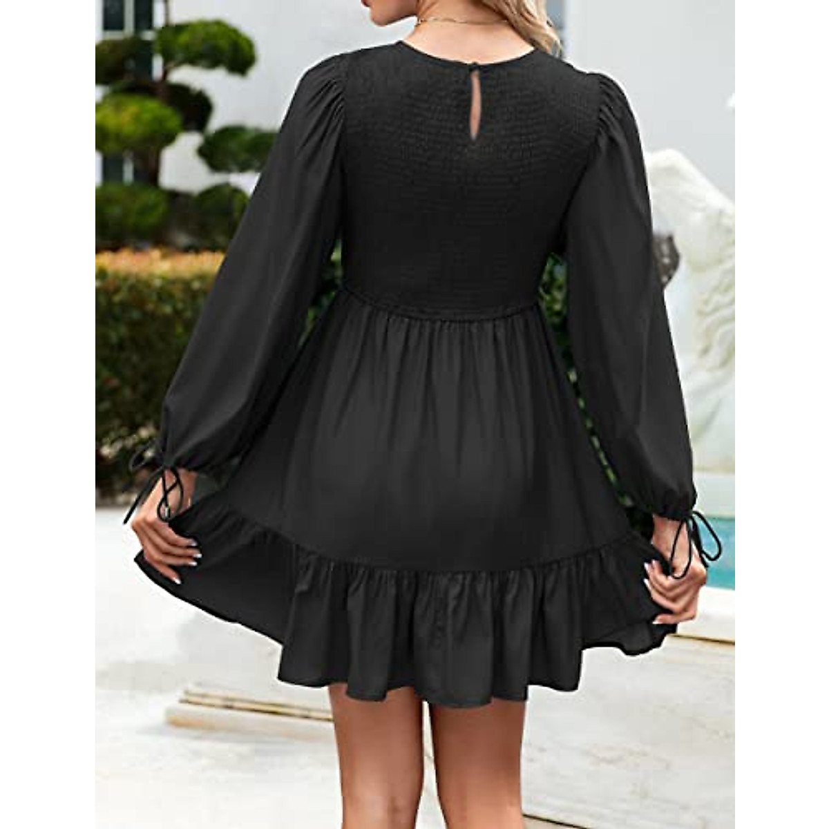 ZESICA Women's Long Sleeve Smocked Dress Spring Casual Crew Neck Tiered Swing Cocktail Wedding Party Mini Dresses,Black,Medium