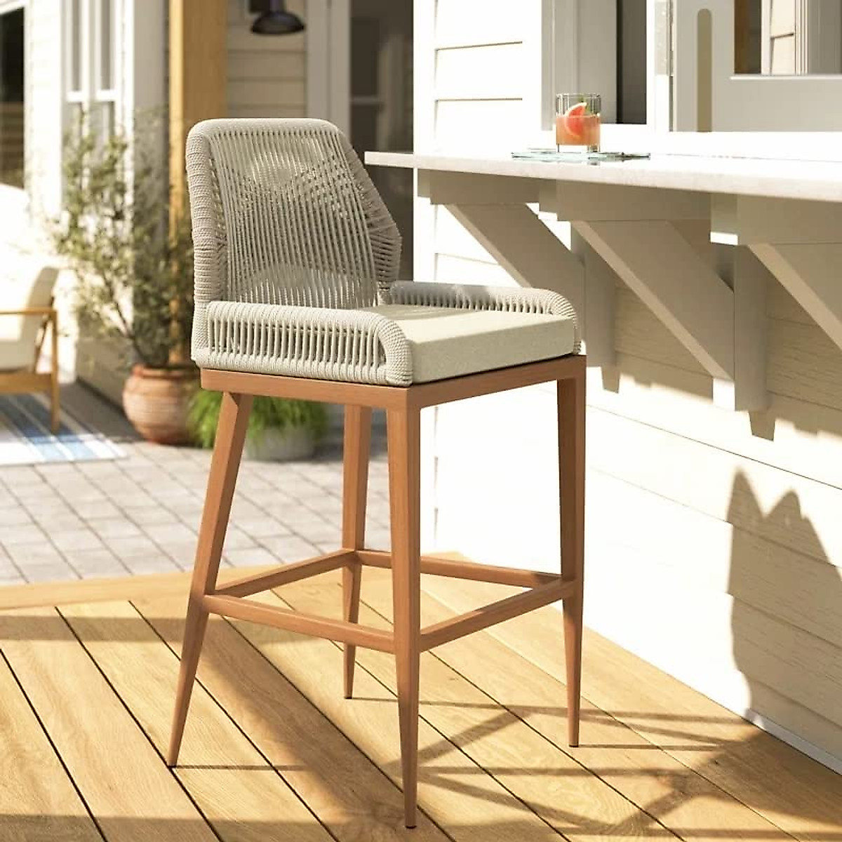 US Furnishing Indoor and Outdoor Waterproof Hand-Crafted Stool, Counter Height Stool Bar High Home Back Dining Chair Comfortable Simple Beautiful (Counter 25), Beige. Brown (7889-cc)