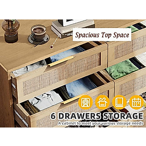 6 Drawer Double Dresser for Bedroom,Natural Rattan Modern Drawer Chest,Wooden Storage Wardrobe Dresser with Gold Handles,Floor Standing Storage Cabinet, for Entrance,Living Room,Hallway-Natural