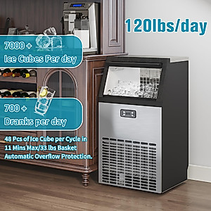 Erivess 120 lbs/24H Commercial Ice Maker,48 Cubes/11mins, 33 lbs Ice Storage Capacity, Counter Ice Maker Self Cleaning, 24 Hour Timer Stainless Steel Freestanding Ice Maker Machine (120lbs/day)
