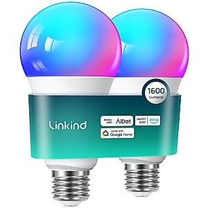 Linkind Smart Light Bulbs, 1600LM (100W Equivalent) Smart Bulb, Work with Alexa & Google Home, RGBTW Color Changing Bulb Music Sync, 2.4GHz Wi-Fi & Bluetooth, LED Alexa Light Bulbs 14W, A21 E26, 2Pack