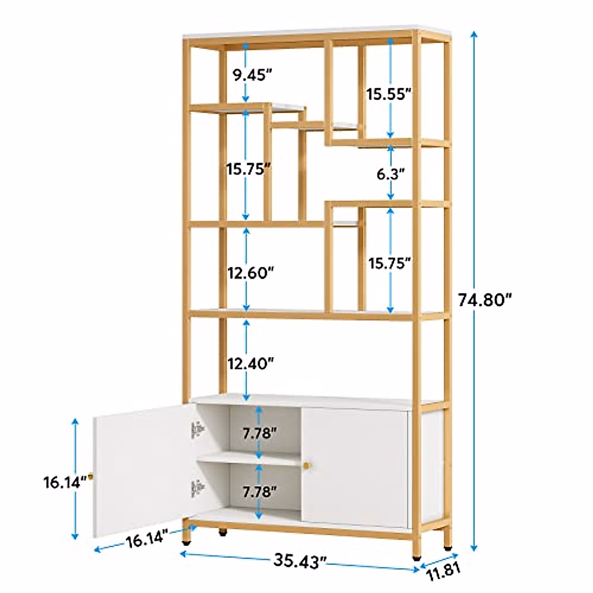 Tribesigns White Gold Bookshelf Bookcase with Doors 74 Inches Tall Bookshelf, Modern Gold Bookshelf 6 Tier Display Shelf Etagere Bookcase Narrow Metal Bookshelf for Living Room, Bedroom, Office