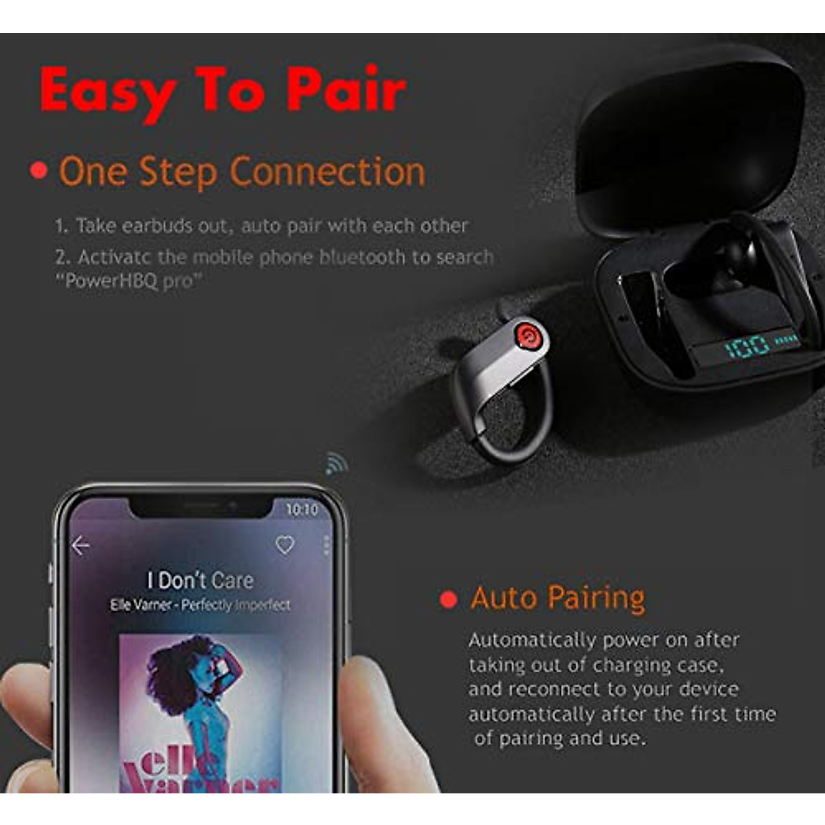 Arkey burds TWS Bluetooth Earbuds V5.0 with Charging Case, True Wireless Stereo Sport Headphones in-Ear Earphones with Mic, Noise Cancelling Headsets with Ear Hooks for iPhone Smartphones (Black/red)