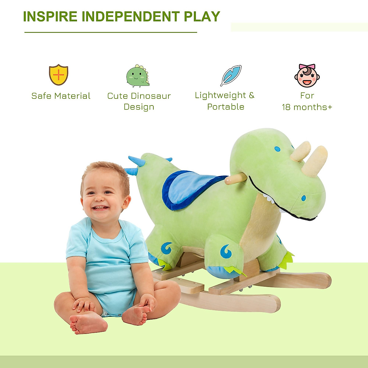 Qaba Kids Plush Ride-On Rocking Horse Toy Dinosaur Ride on Rocker Green with Realistic Sounds