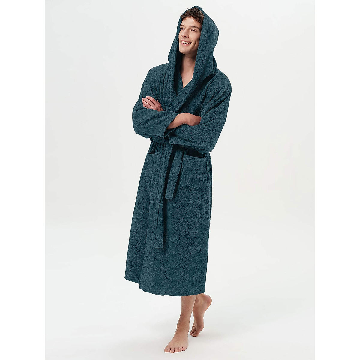 SIORO Terry Cloth Robes for Men Cotton Towel Hooded Bathrobe Long Bath Big & Tall Loungewear Bathroom Swimming Pool Bath Fluffy House Coat, Ink Blue X-Large