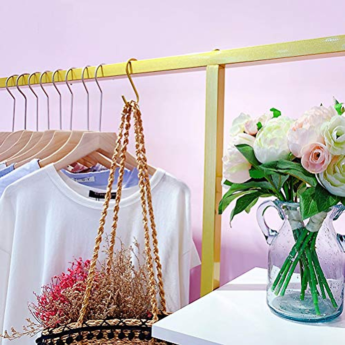 FONECHIN Metal Clothes Garment Racks with 4 Wood Storage Shelves and Hanging Bar Heavy Duty Free Standing Clothing Rack Large Closet Organizer for Boutique 59"
