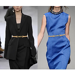 BAOKELAN Skinny Leather Belts for Women Slim Waist Belt Patent Leather with Gold Buckle for Dress Apricot 100CM