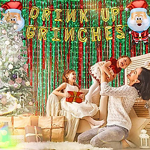 Christmas Party Decorations - Gold Drink Up Grinches Balloons Banner, Red and Green Foil Fringe Curtains Party Photo Backdrop for Xmas Holiday Party Decorations