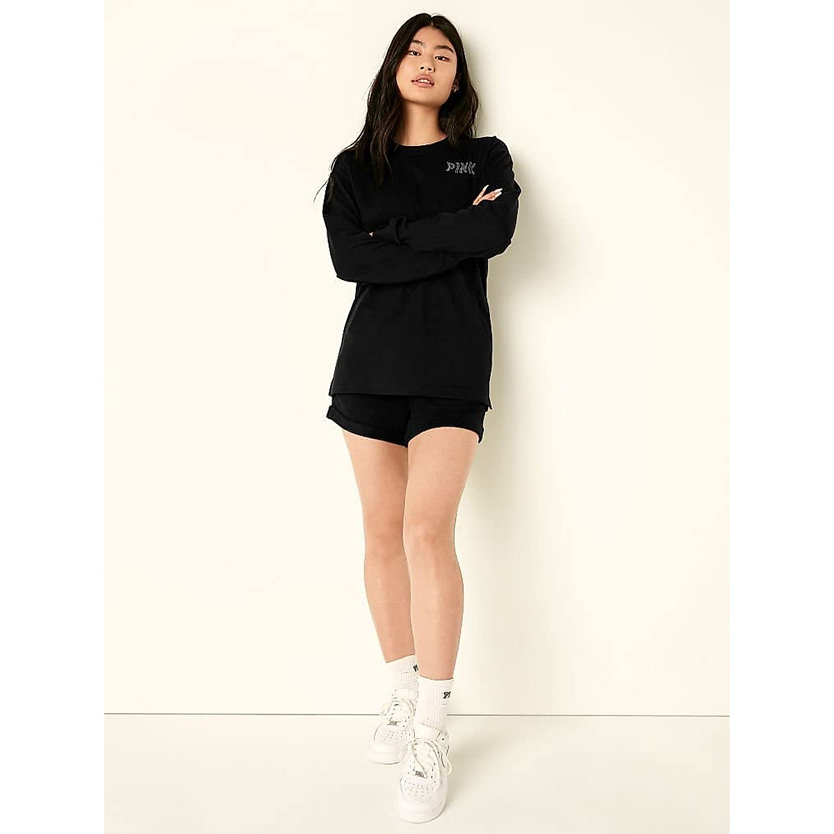 Victoria's Secret Pink Cotton Long Sleeve Campus T Shirt, Women's T Shirt, Pure Black, XL