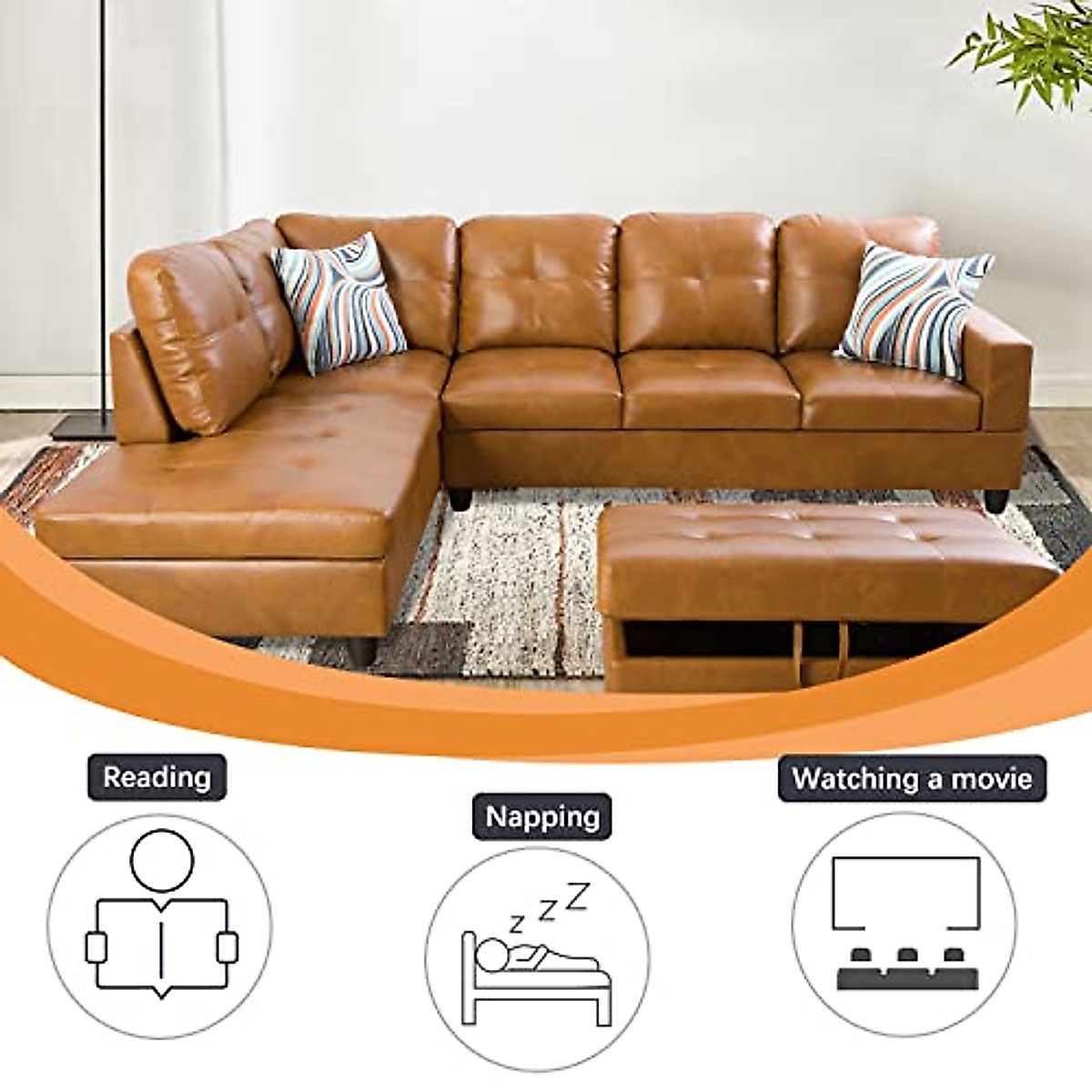 A Ainehome Sectional Sofa Living Room Furniture Set 103.5" Wide L Shape Couch Faux Leather with Left Hand Facing Chaise and Storage Ottoman for Home Room Decor Bedroom