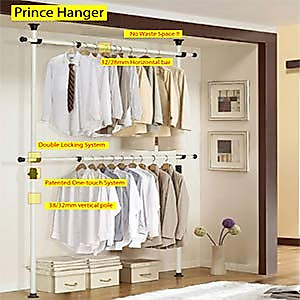 PRINCE HANGER, Closet System, One Touch Double Adjustable Clothes Rack, Clothing Rack, Garment Rack, Freestanding, Organizer, Heavy Duty, Tension Rod, Made in Korea (Ivory)