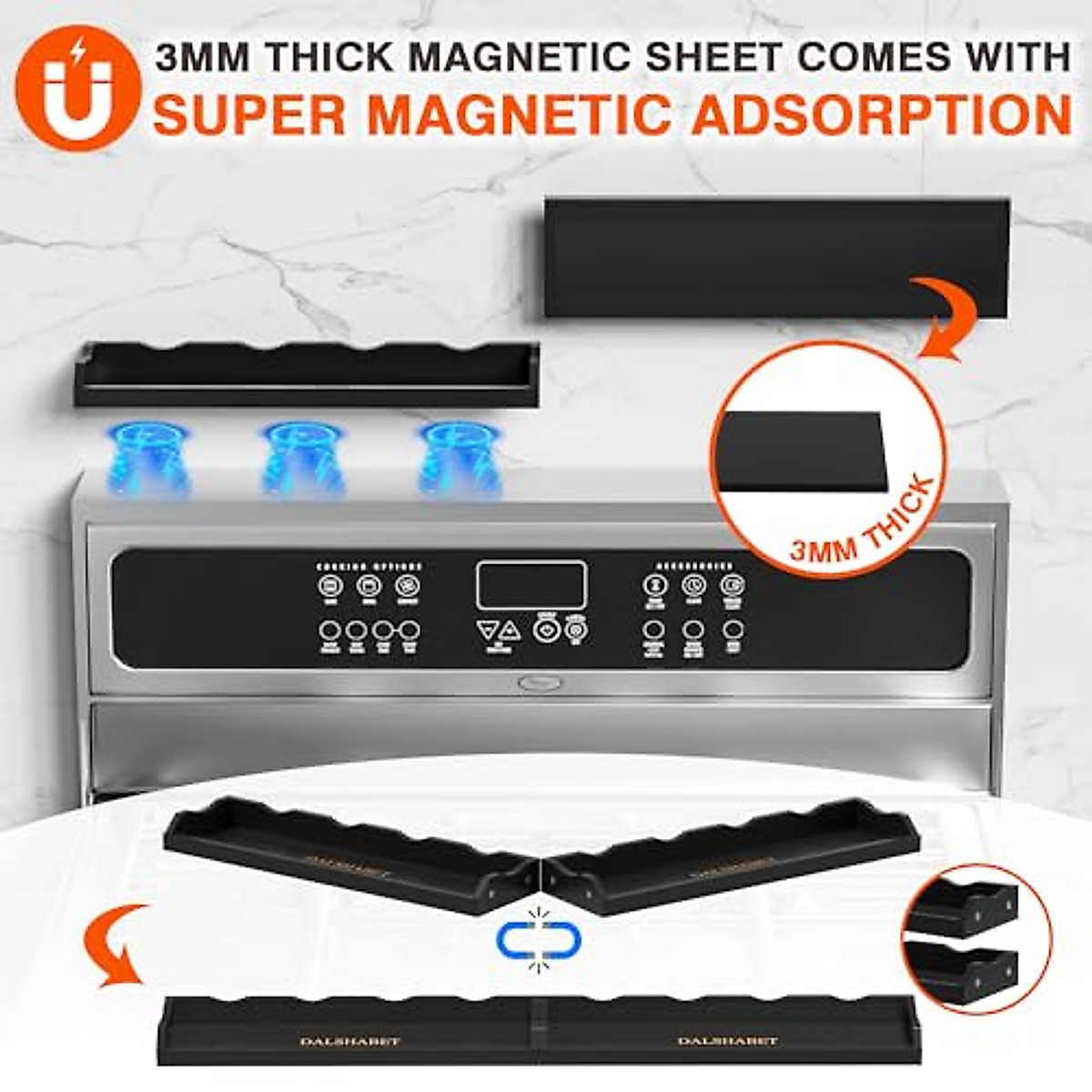 DALSHABET Bamboo Stove Top Magnetic Shelf Rack, Kitchen Organizer Spice Rack Over The Stovetop Shelf with Labels- Black (15"×2 Pieces Up to 30" Length)