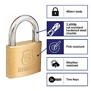BRINKS - 40mm Solid Brass Keyed Padlock with 7/8” Shackle Clearance - Chrome Plated With Hardened Steel Shackle