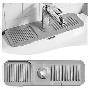 XOUDOOH Silicone Faucet Handle Drip Catcher Tray Mat, Faucet Splash Guard, Dish Soap Sponge Holder for Kitchen Sink Accessories, Silicone Faucet Mat, Keep Kitchen and Bathroom Sinks Dry (Grey)