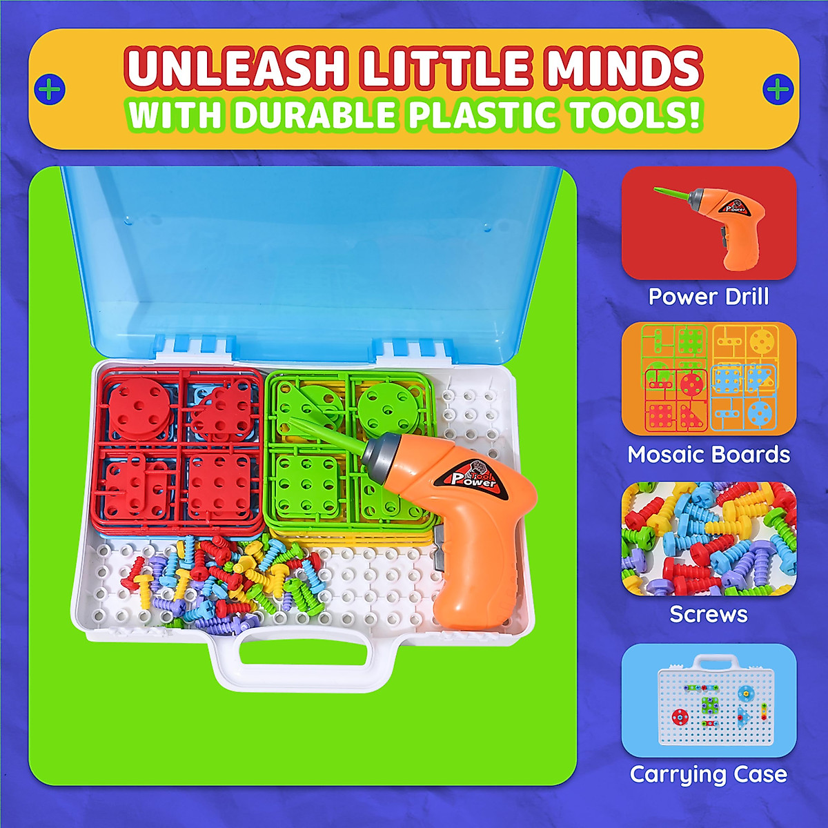 Drill & Play Building Toy Set Creative Educational with Real Toy Drill - STEM Construction Game Mosaic Design Building Toys Tool Kit for Kids and Toddlers