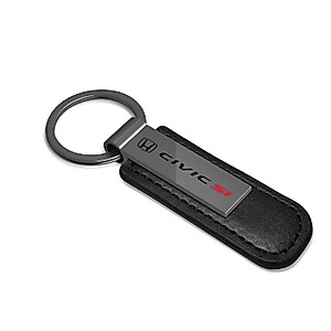 iPick Image for Honda Civic Si Gunmetal Black Metal Plate PU Leather Strap Key Chain Keychain, Official Licensed