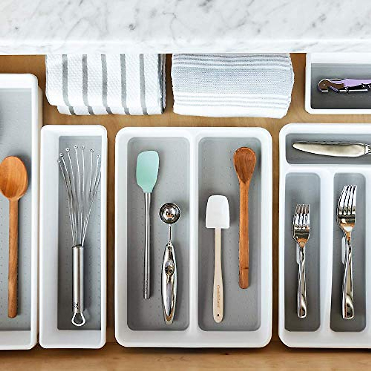 madesmart Classic Mini Utensil Tray, Soft Grip, Non-Slip Kitchen Drawer Organizer, 2 Compartments, Multi-Purpose Home Organization, BPA Free, White