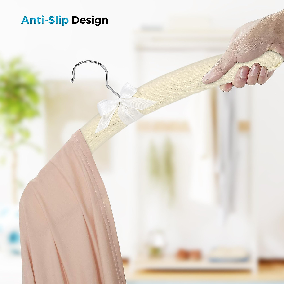 JS HANGER Padded Hangers - 17 Inch Extra Large Heavy Duty Cotton Covered Coat Hangers No Shoulder Bump for Women Clothes, Sweaters, Dresses, Clothing, Weddings, Lingerie Pack of 10, Beige
