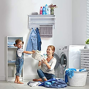 Danya B Accordion Clothes Drying Rack, Retractable, Wall Mounted Towel Rack and Hooks for Clothes and Towels for use in Laundry Room or Garage (White)