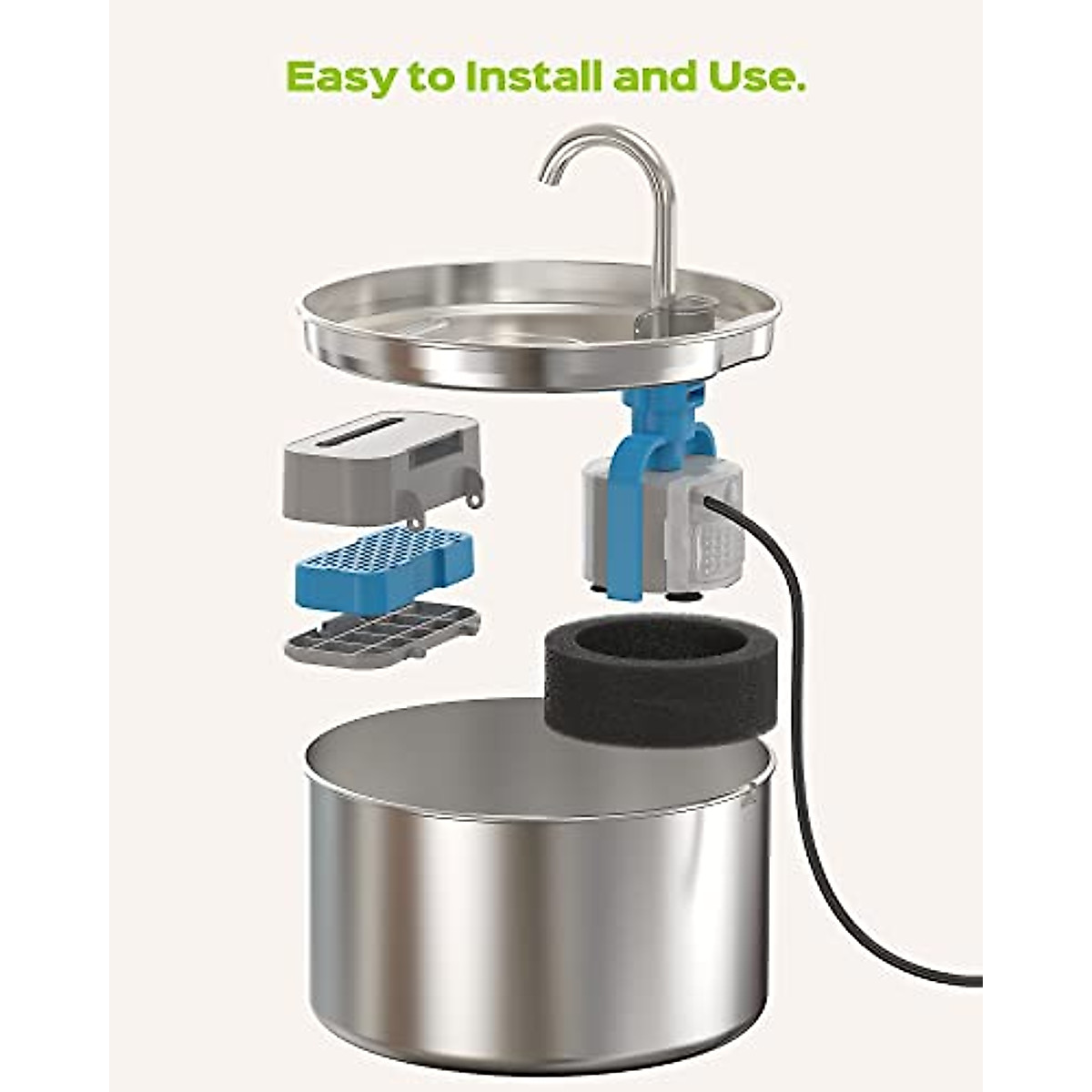 AOOGITF Cat Water Fountain, 304 Stainless Steel Pet Water Fountain, 24/7 Keep The Water Fresh, 74oz Capacity, Ultra-Quiet, No Sputter, Compact, Easy Cleaning, Suit for Pets