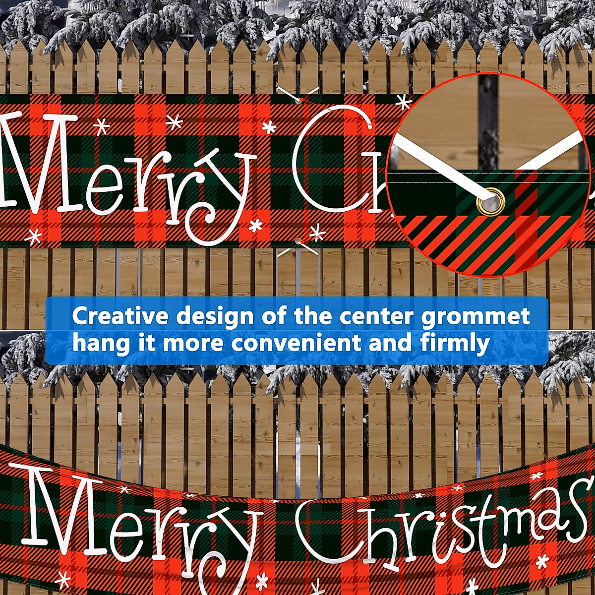 Large Merry Christmas Banner Xmas Outdoor Decorations Double Printed Green Red Buffalo Plaid Trees 120" x 20" Huge Yard Sign Holiday Party Supplies Backdrop Home Decor Ornaments for Garden House Fence Garage Indoor Gifts