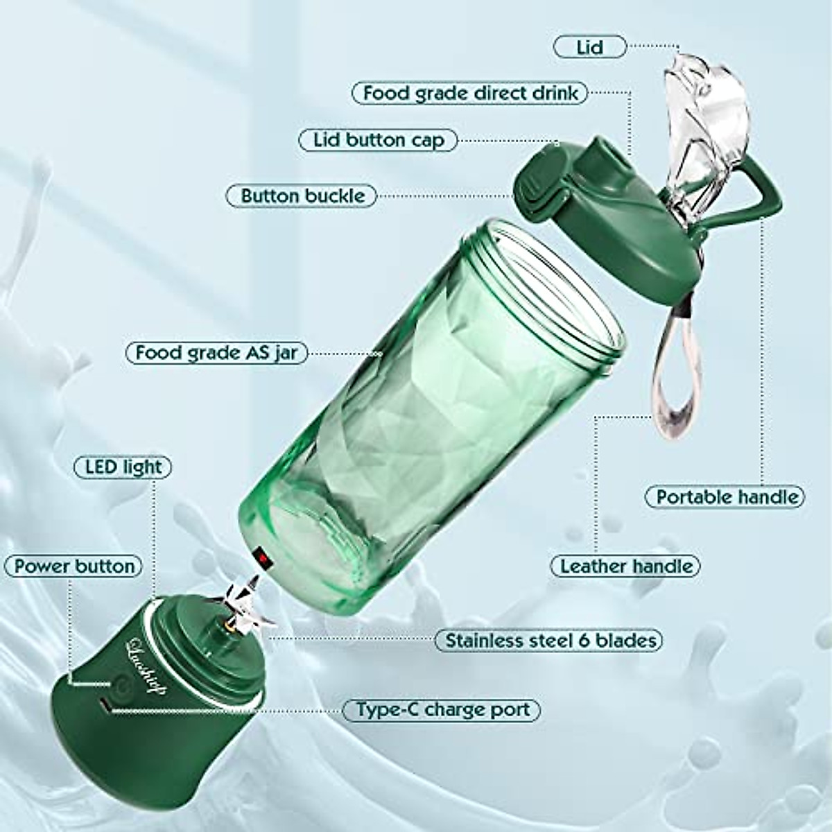 Portable Blender,22 Oz Mini Blender for Shakes and Smoothies,Personal Blender with Rechargeable USB,Fruit,Smoothie,Baby Food Mixing Machine Blender With 6 Blades ,for Home,Kitchen,Travel ,Sports (green)