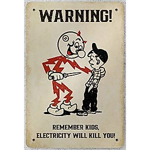 Xiddxu Remember Kids Electricity Will Kill You Warning Vintage Metal Tin Sign Retro Iron Painting Tin Signs Plaque Poster for Home Coffee Man Cave Garage Pub Wall Decor 5.5x8 Inch…