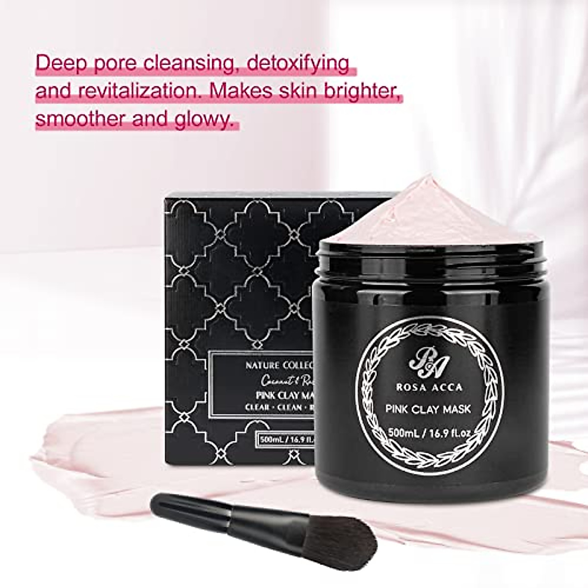 Pink Clay Mud Mask, with Bentonite Kaolin Pink Clay & Rose Extracts, Moisturizing & Anti Aging, Pores Minimizers, Skincare for Women & Men, All Skins, With Face Mask Brush, 500ml 16.9 fl.oz