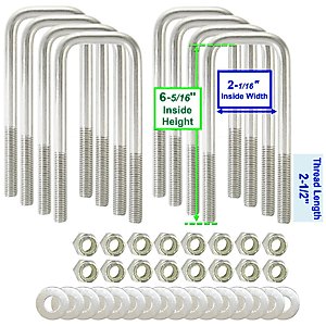 inless Steel Square U-Bolts 1/2" Diameter x 2-1/16" Inside Width x 6-5/16" Inside Height with SS Lock Nuts & Washers for Boat and Utility Trailers Fits Down Over 2" Wide Metal.