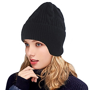 Muryobao Womens Winter Beanie Hat Slouchy Knit Hats Soft Warm Ski Skull Cap with Ear Flaps Black
