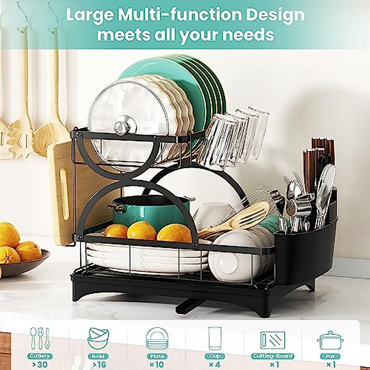 Elerator Dish Drying Racks for Kitchen Counter, Large 2 Tier Dish Rack with Drainboard, Rust-Proof Metal Dish Drainers with Detachable Cup Holder, Cutlery Holder, Cutting Board Holder.