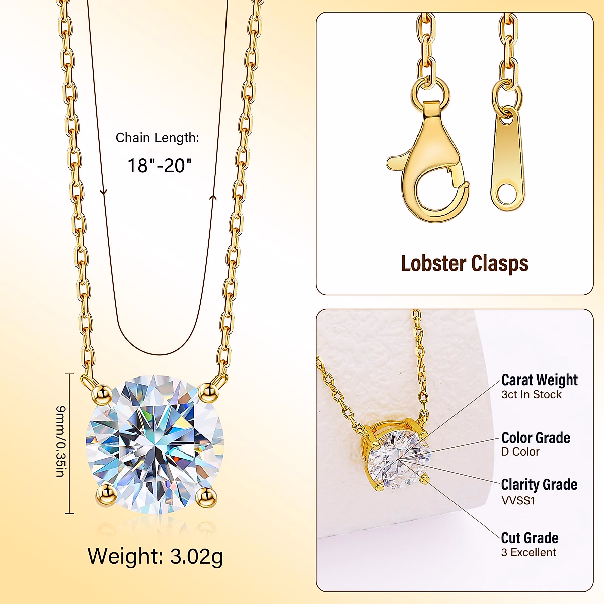 HOLYCOME Diamond Solitaire Necklace,3Carat Gold Plated Moissanite Pendant for Women,Sterling Silver Lab Diamond Necklace Moissanite Jewelry for Birthday Christmas Gifts