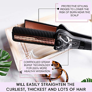 Maxiglide RP Hair Straightener by Maxius with Patented Flat Iron Retractable Detangling Pins for Faster Styling, Steam Burst Technology for Healthy Straightening and Heat Protection Removes Frizz