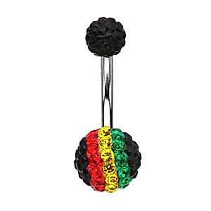 playful piercings Swarovski Crystal Ferido Rasta Color Red, Yellow, Green, Black Paved Ball Belly Navel Ring 14g