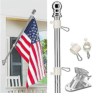 Silver Flag Pole for Outside House, 5.1 FT Flagpole Kit with Wall Mount Holder Bracket, 2 Ring Clips, Stainless Steel Metal Flag Poles for 3x5 American Flags Outdoor, Garden, Yard, Porch, Handheld